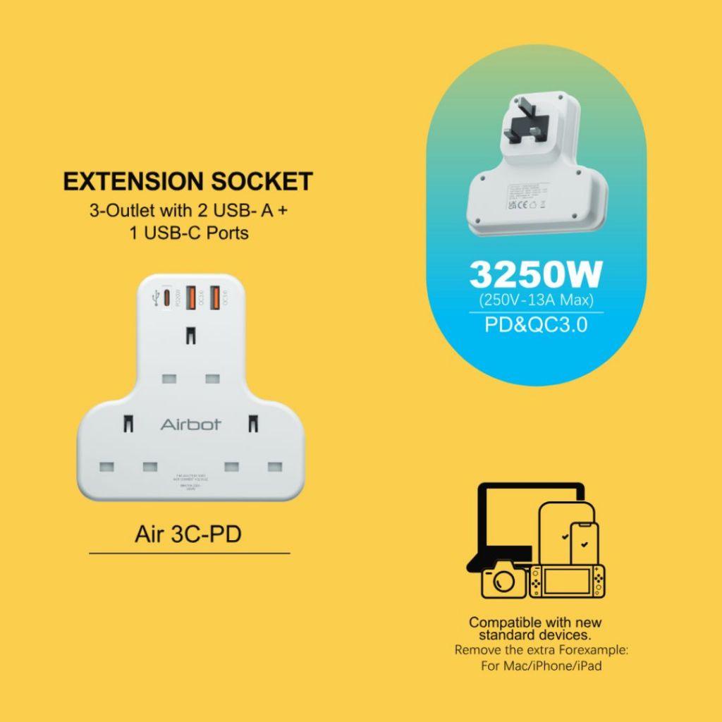 Airbot 3C-PD Multi Extension Socket 3250W 3 Way Socket Multi Power ...